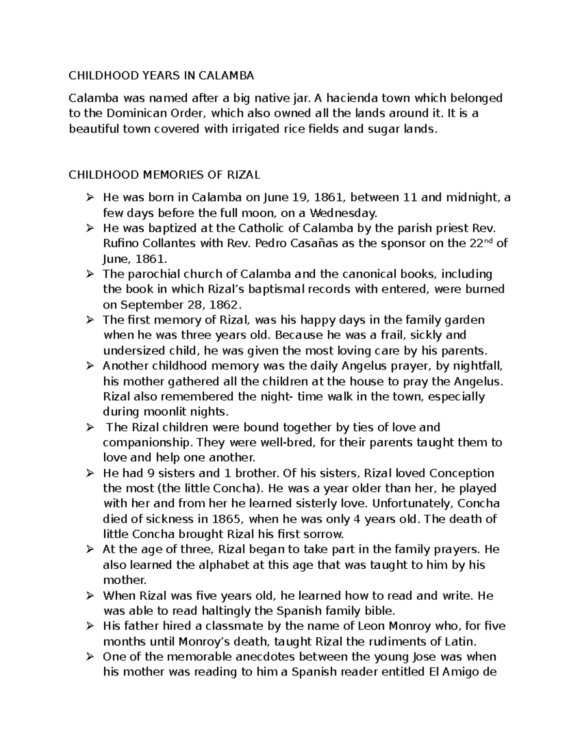 Childhood - notes - CHILDHOOD YEARS IN CALAMBA Calamba was named after ...