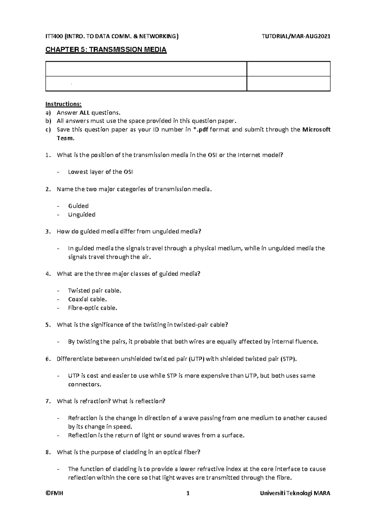 Revision CHAP 5 - transmission media - ITT400 (INTRO. TO DATA COMM ...