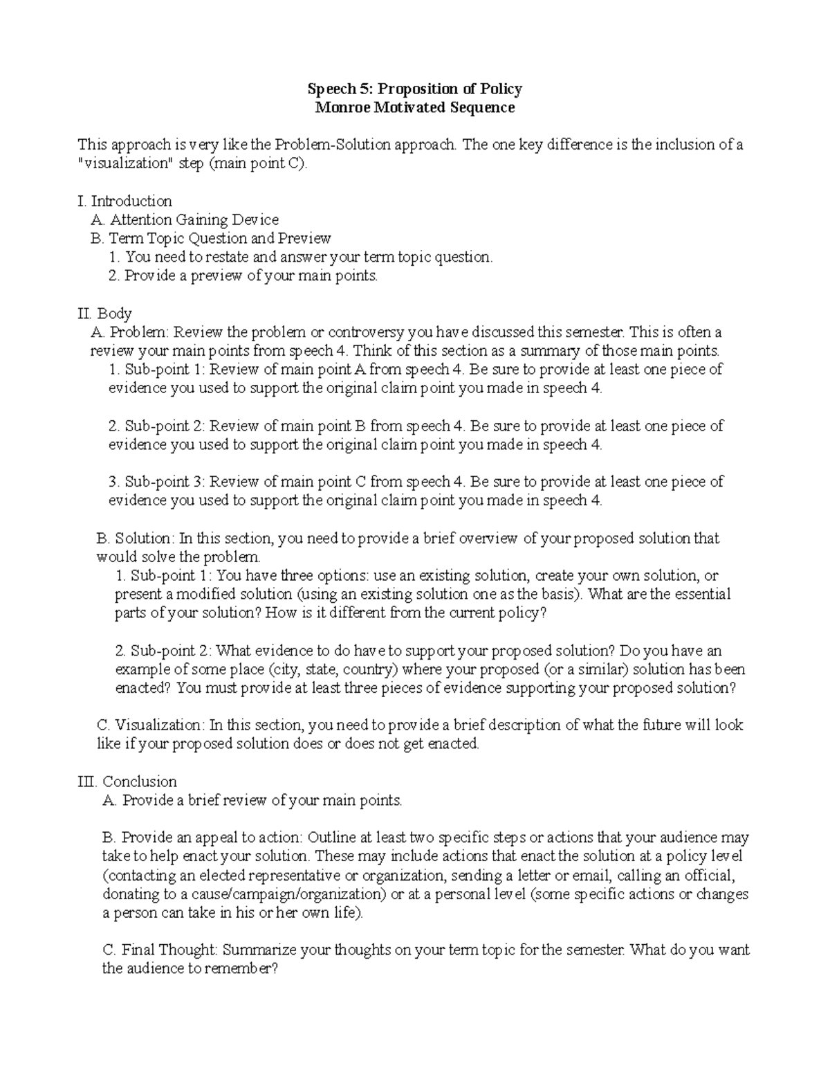 Speech 5 Proposition of Policy (Monroe) Outline Format - Speech 5 ...