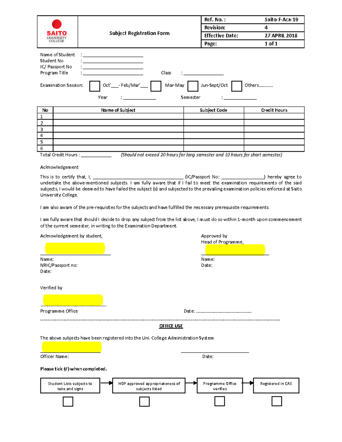 Subject Registration Form - No. : Saito-F-Aca- Revision: 4 Effective ...