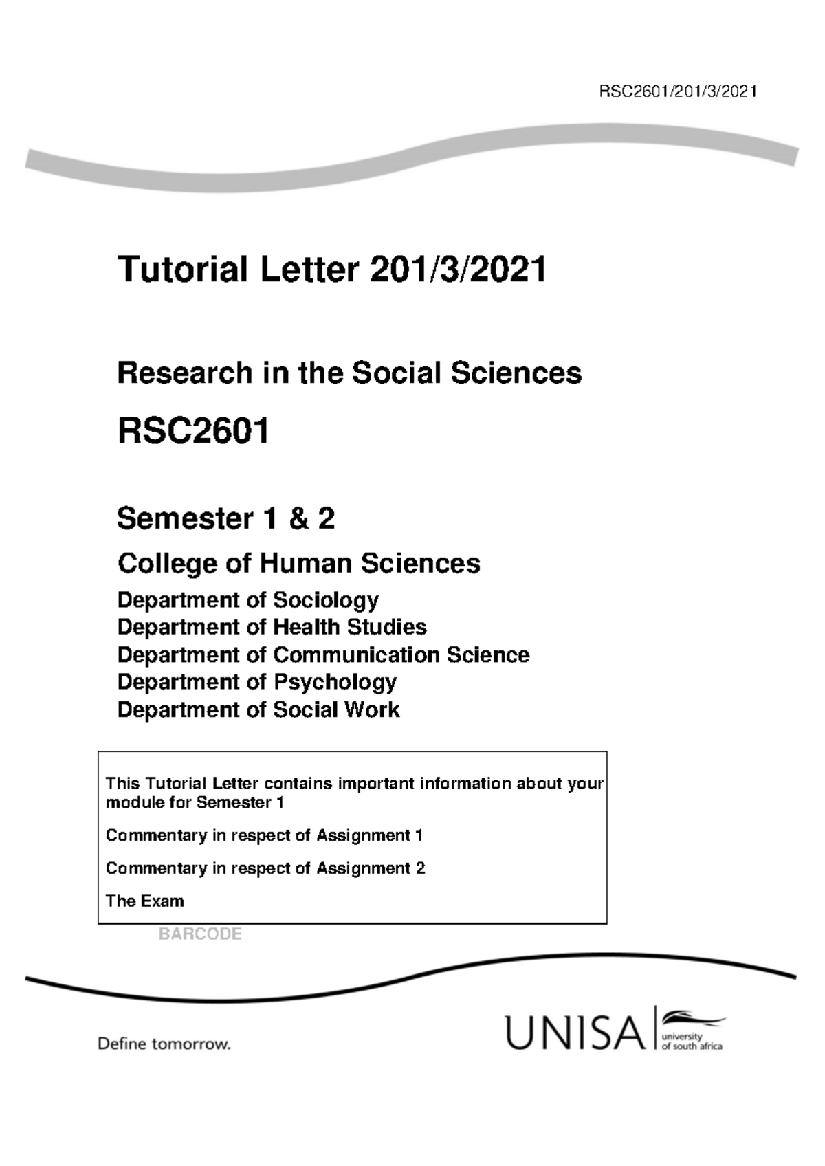 RSC 2601 Feedback AND EXAM Layout 240221 182037 - ####### RSC2601/201/3/ 2021 Tutorial Letter ...