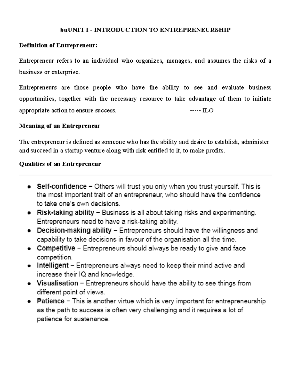 UNIT I PE Notes - buUNIT I - INTRODUCTION TO ENTREPRENEURSHIP ...