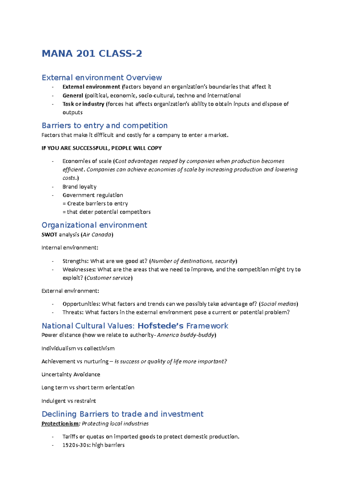 MANA 201 Class - NOTES COURS 1 2 3 - MANA 201 CLASS- External ...