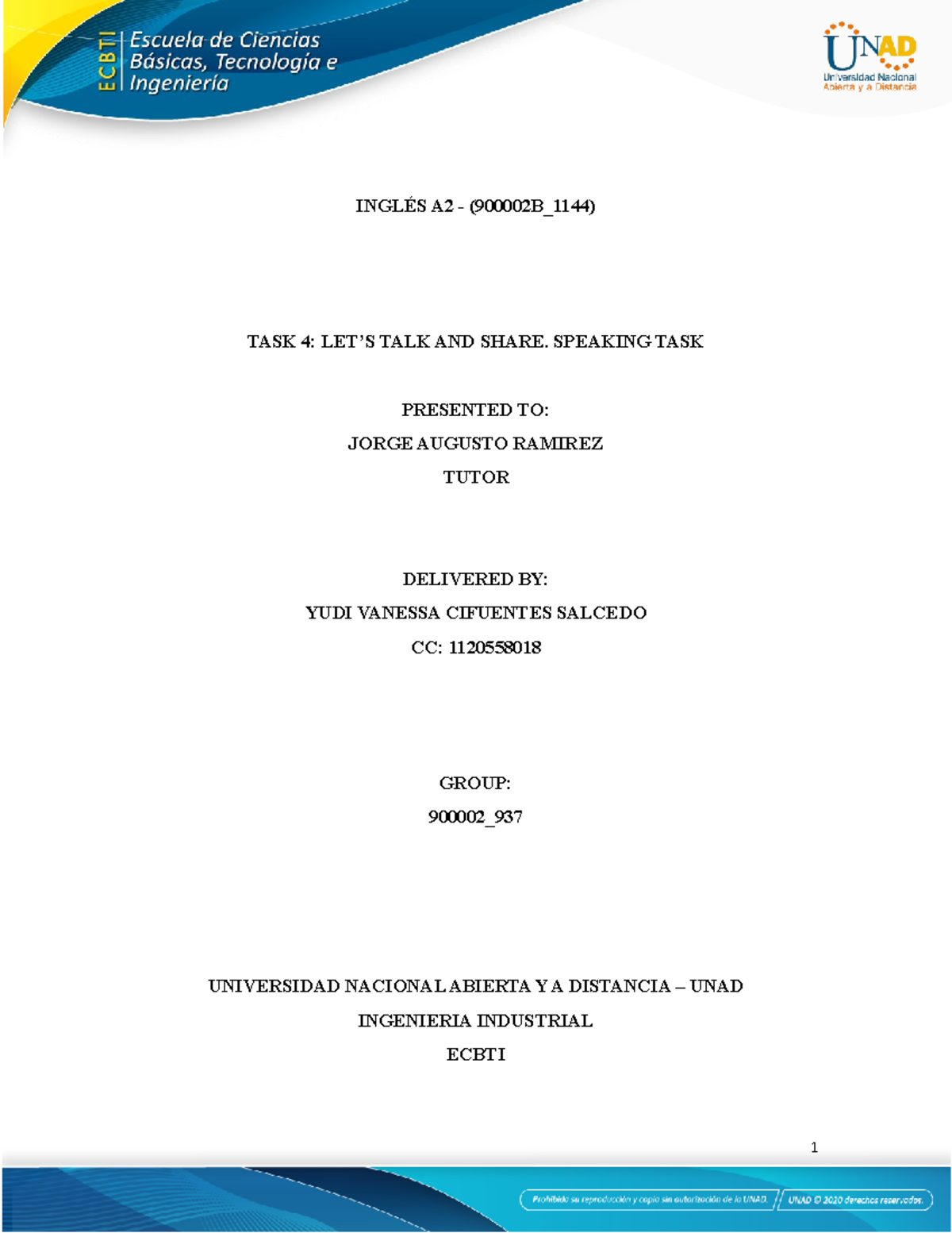 Task 4 yudicifuentes 937 Speaking Task - INGLÉS A2 - (900002B_1144 ...