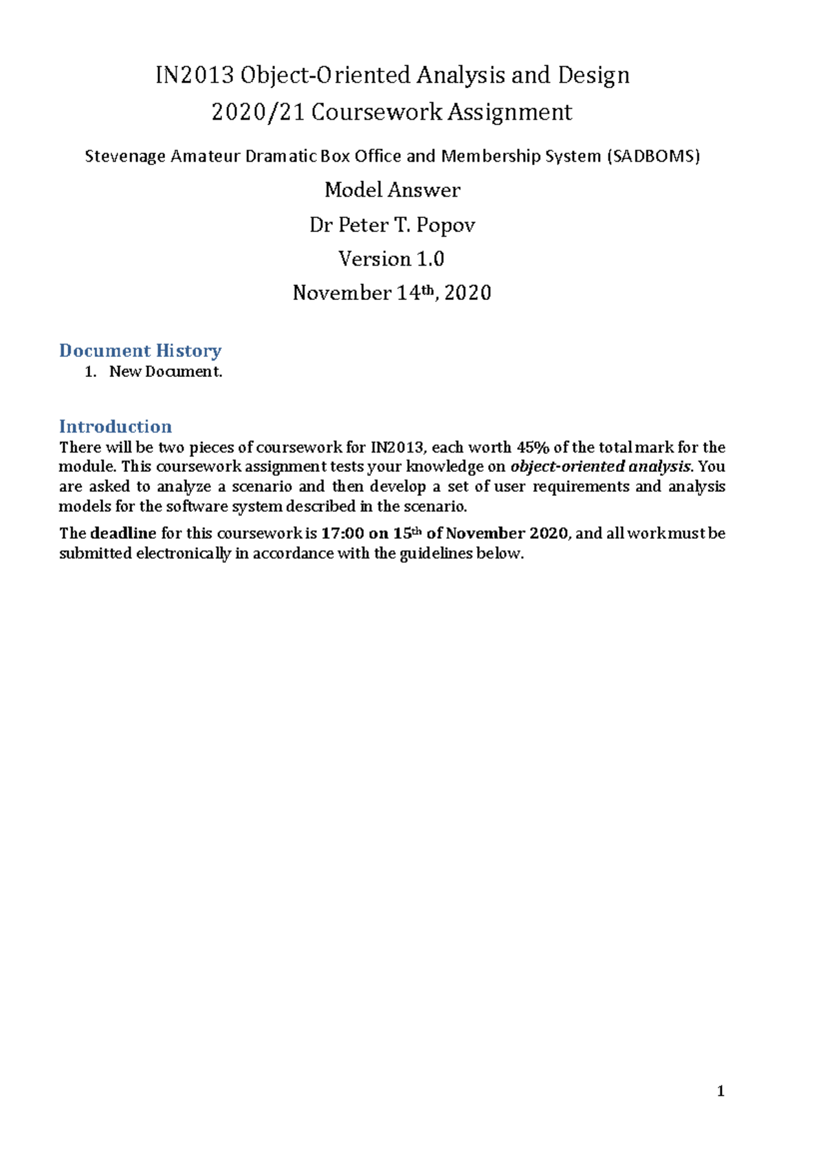 IN2013 2020 CW1(Analysis) model Answer released 2020 - IN 2013 Object-Oriented Analysis and ...