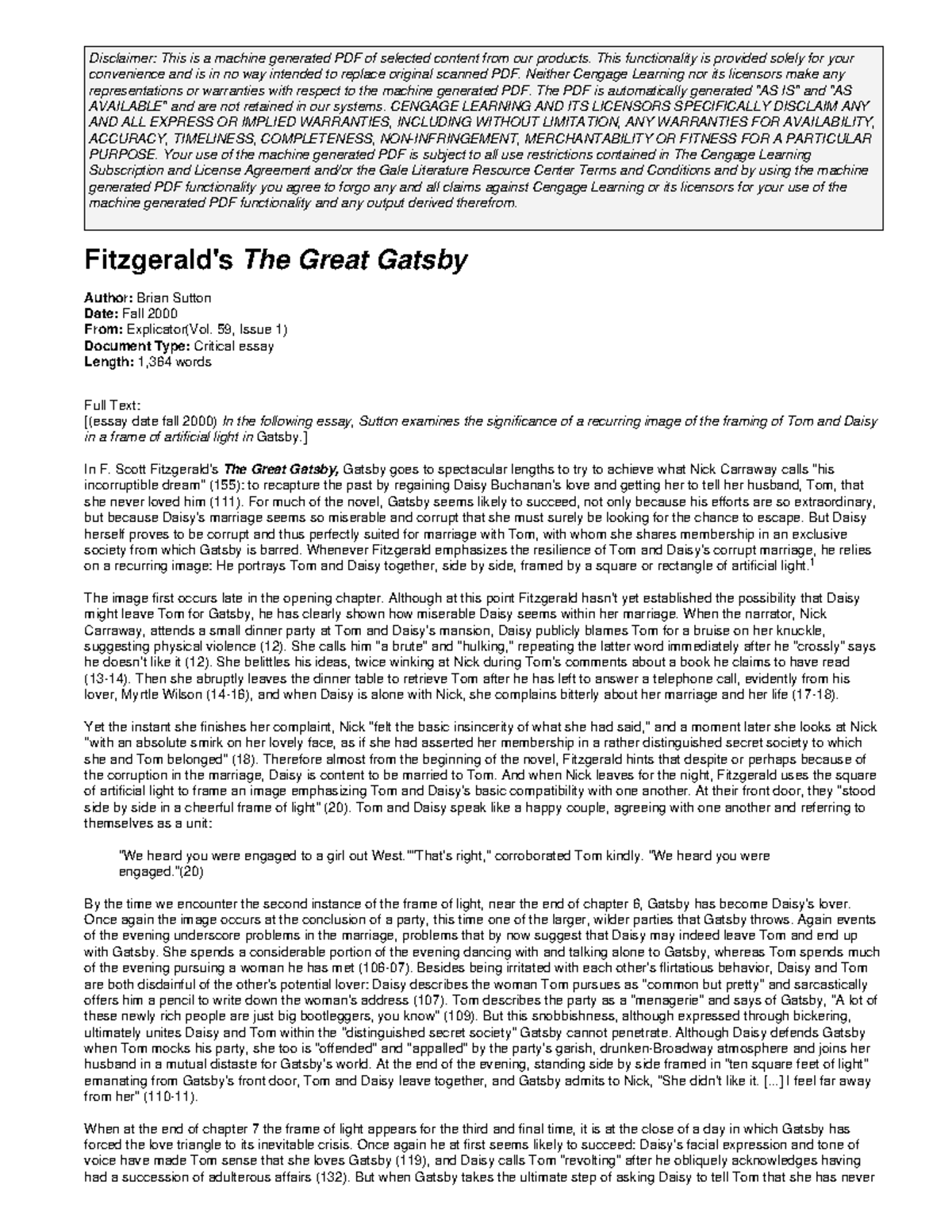 Fitzgeralds The Great Gatsby - Disclaimer: This is a machine generated ...