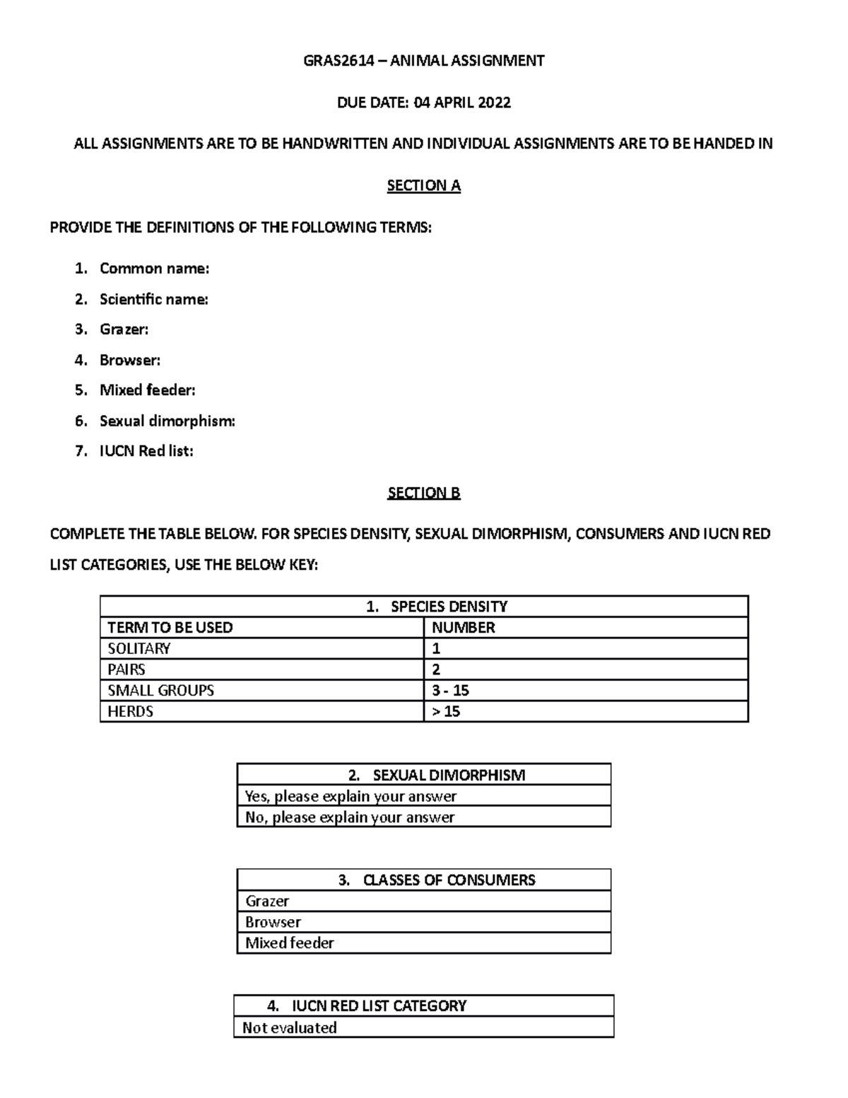 GRAS2614 Animal assignment - GRAS2614 – ANIMAL ASSIGNMENT DUE DATE: 04 ...