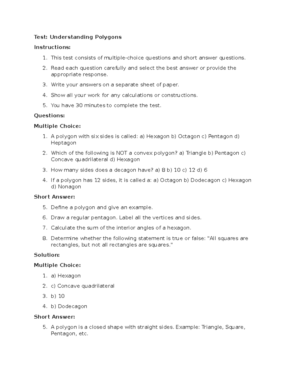 Polygons Testbank 1 - Test: Understanding Polygons Instructions: 1 ...