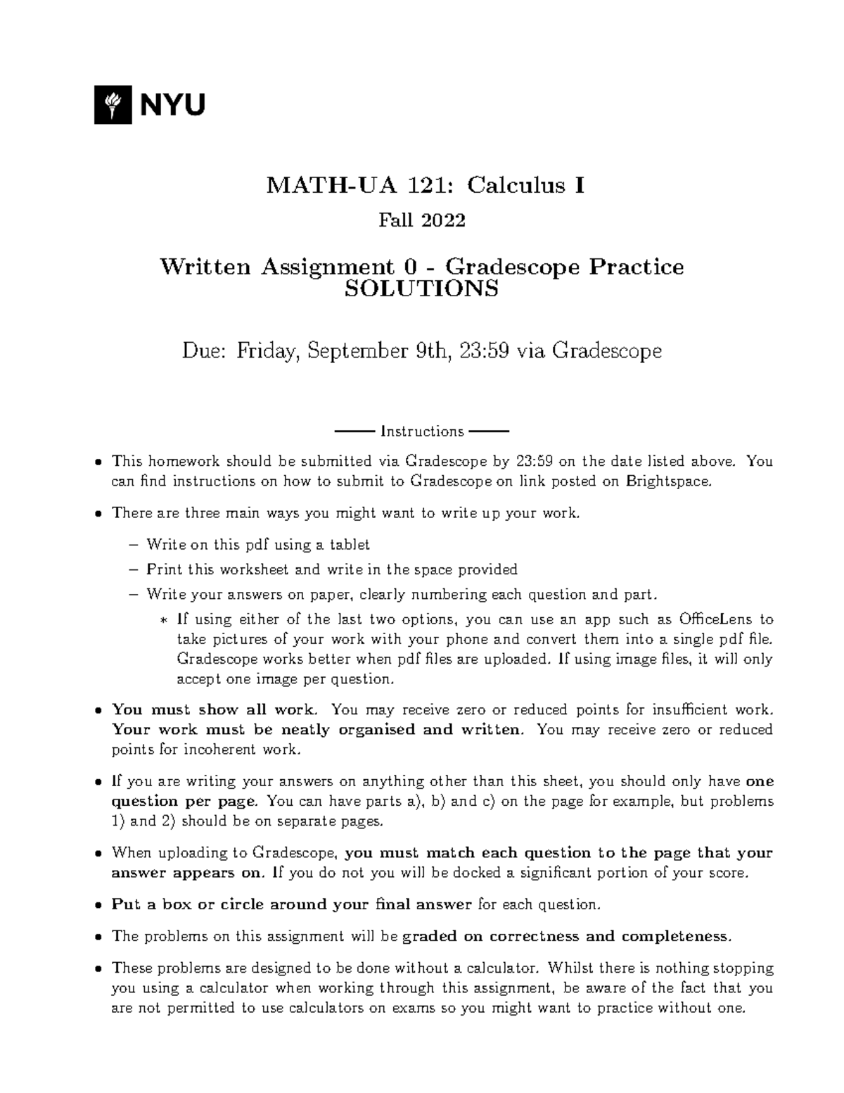 Written Assignment 00 - Gradescope Uploading Practice - Solutions ...