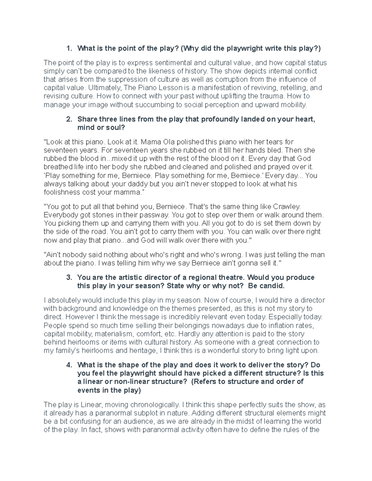 The Piano Lesson Analysis - What is the point of the play? (Why did the ...