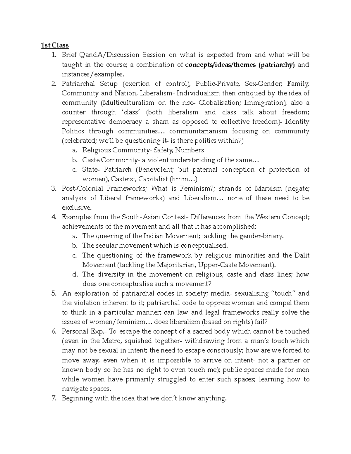 GE- Class Notes - 1st Class 1. Brief QandA/Discussion Session on what ...