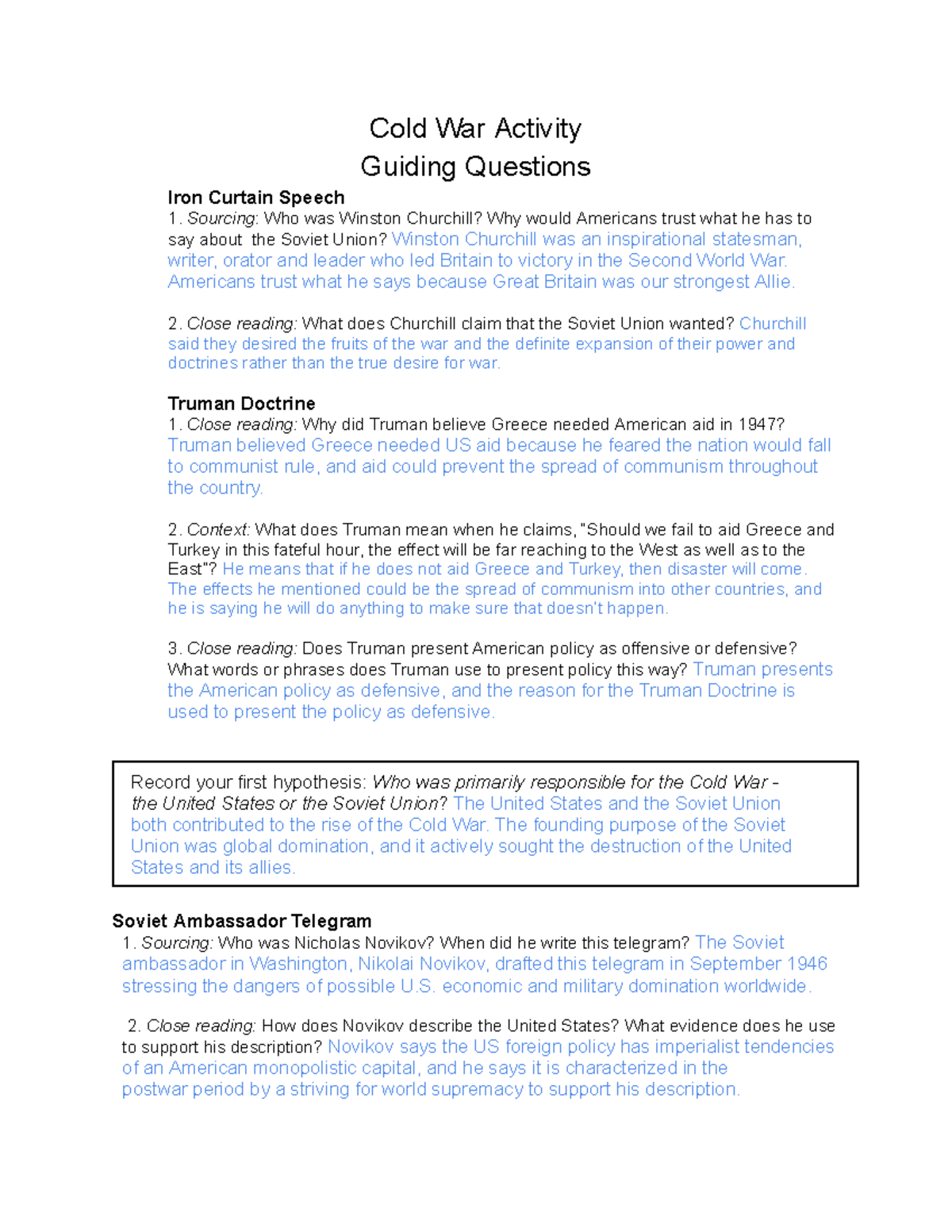 COLD WAR Activity - Cold War Activity Guiding Questions Iron Curtain ...