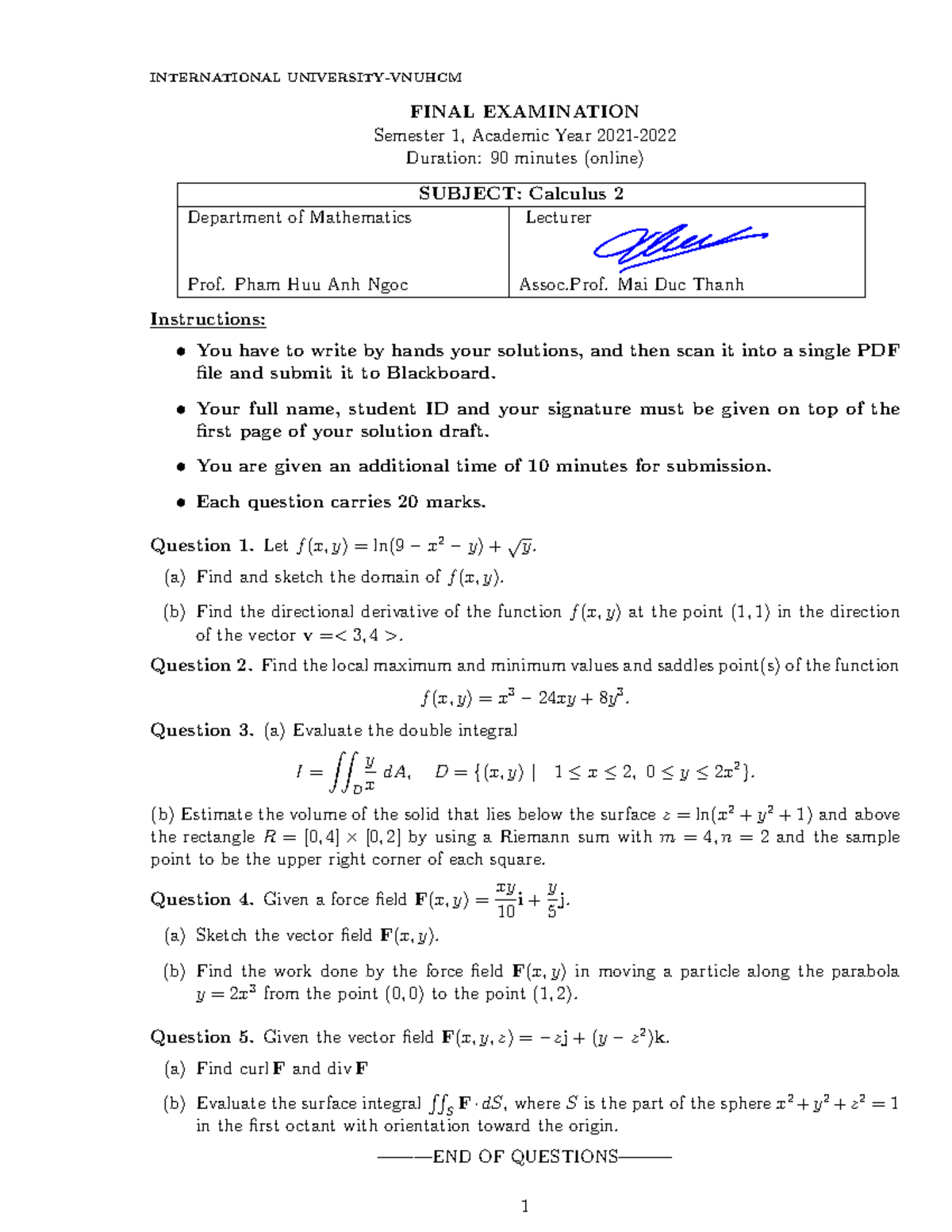 Signed Questions Cal2 FE Sem1 2122 - INTERNATIONAL UNIVERSITY-VNUHCM ...