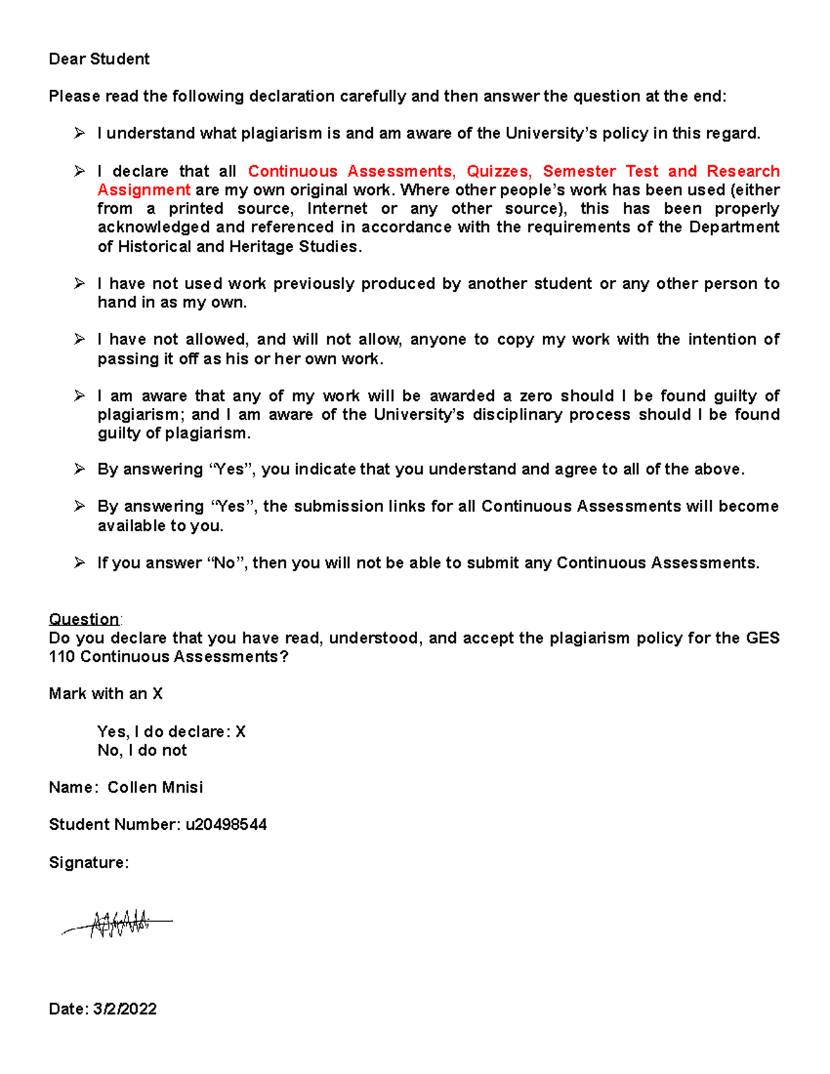 Plagiarism Declaration 2022 - Dear Student Please read the following ...