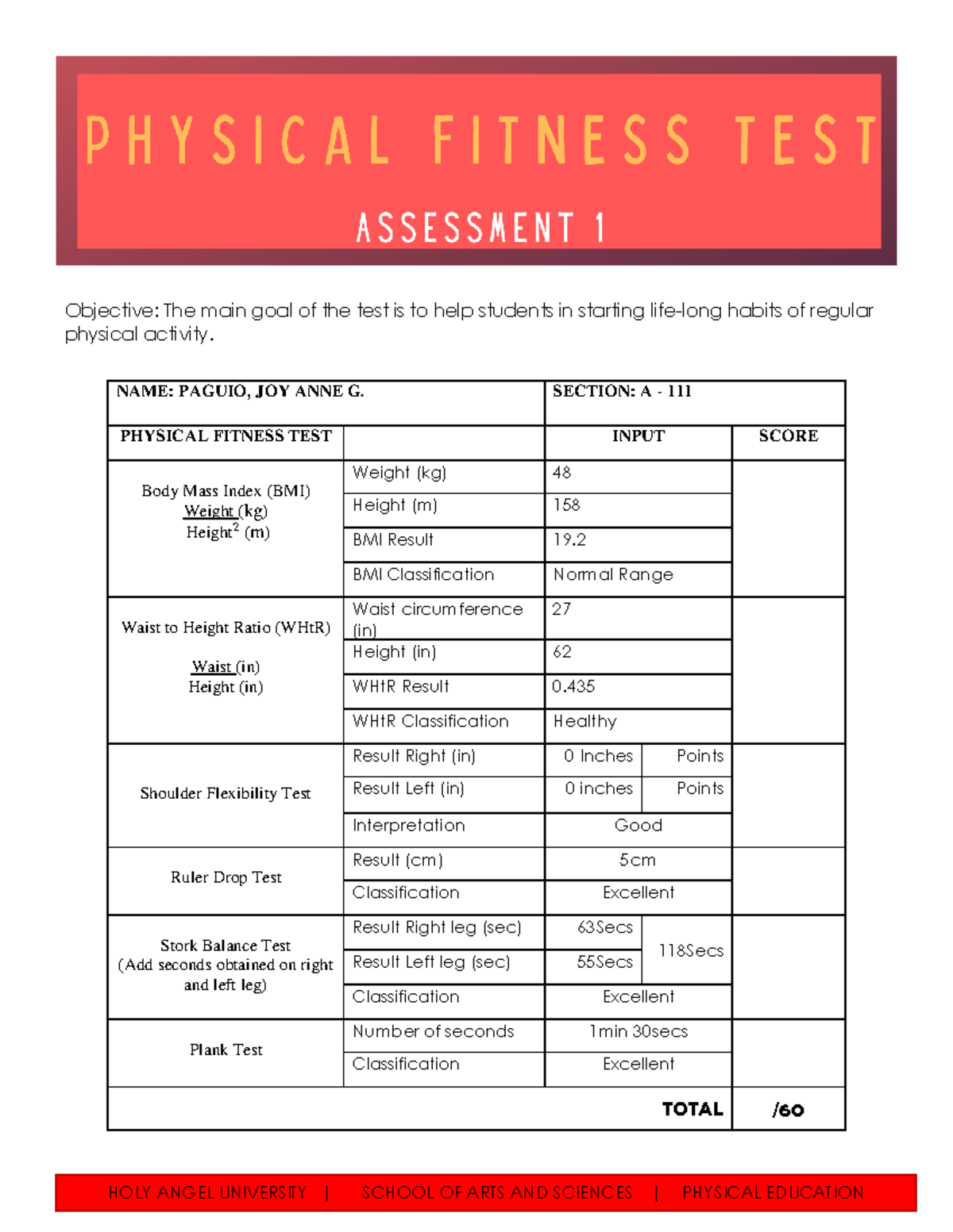 Physical Fitness TEST - sss - HOLY ANGEL UNIVERSITY | SCHOOL OF ARTS ...