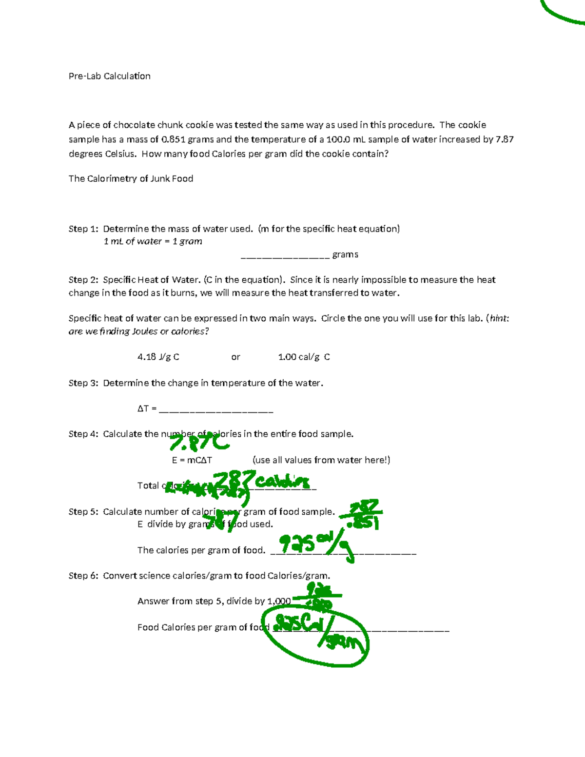 Junk food lab calculations guideline for the smartboard teach - Pre-Lab ...