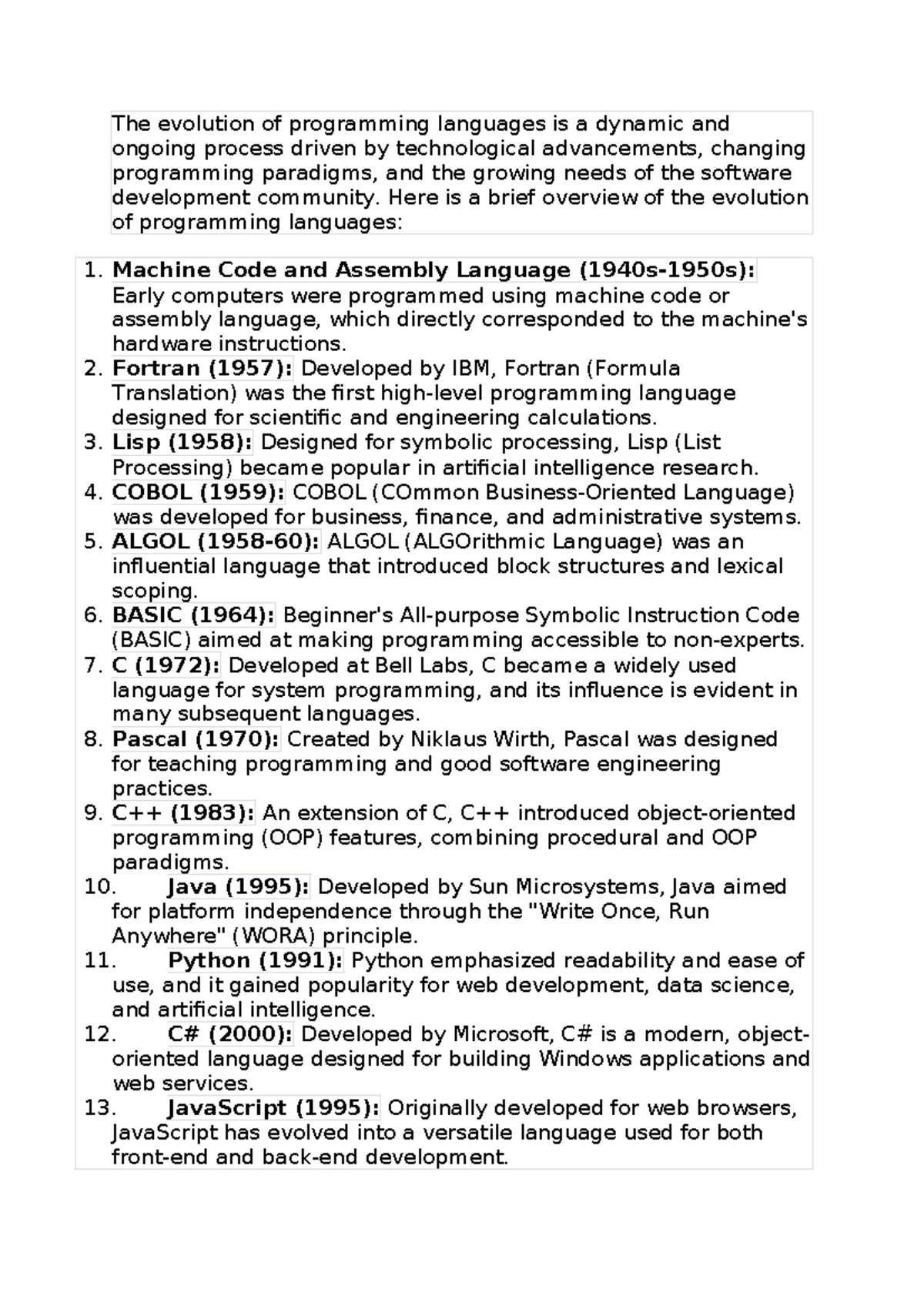 Uni1 - The evolution of programming languages is a dynamic and ongoing ...