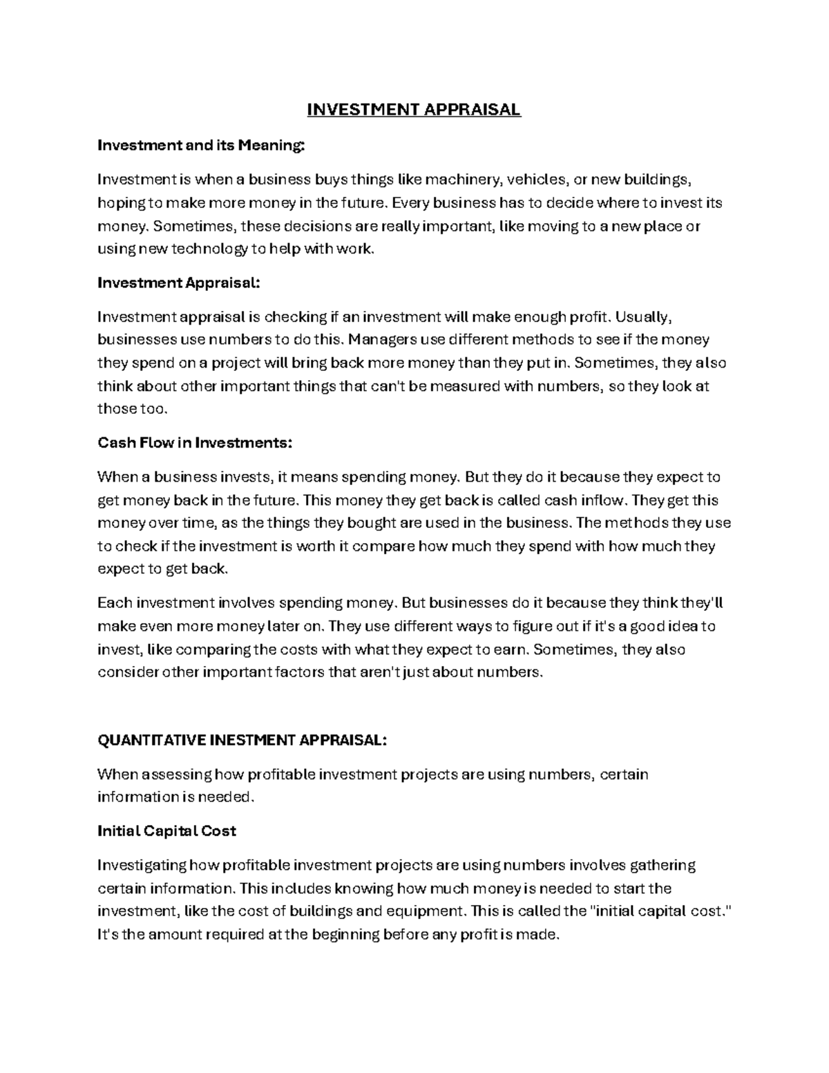 Investment Appraisal - notes - INVESTMENT APPRAISAL Investment and its ...