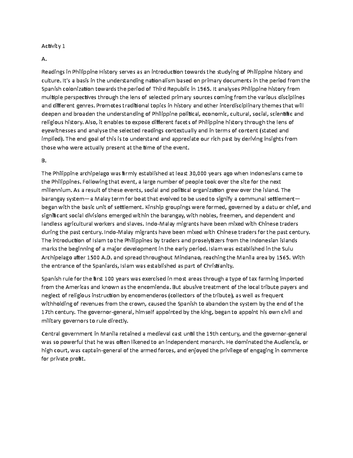 Activities in Phi History - Activity 1 A. Readings in Philippine ...