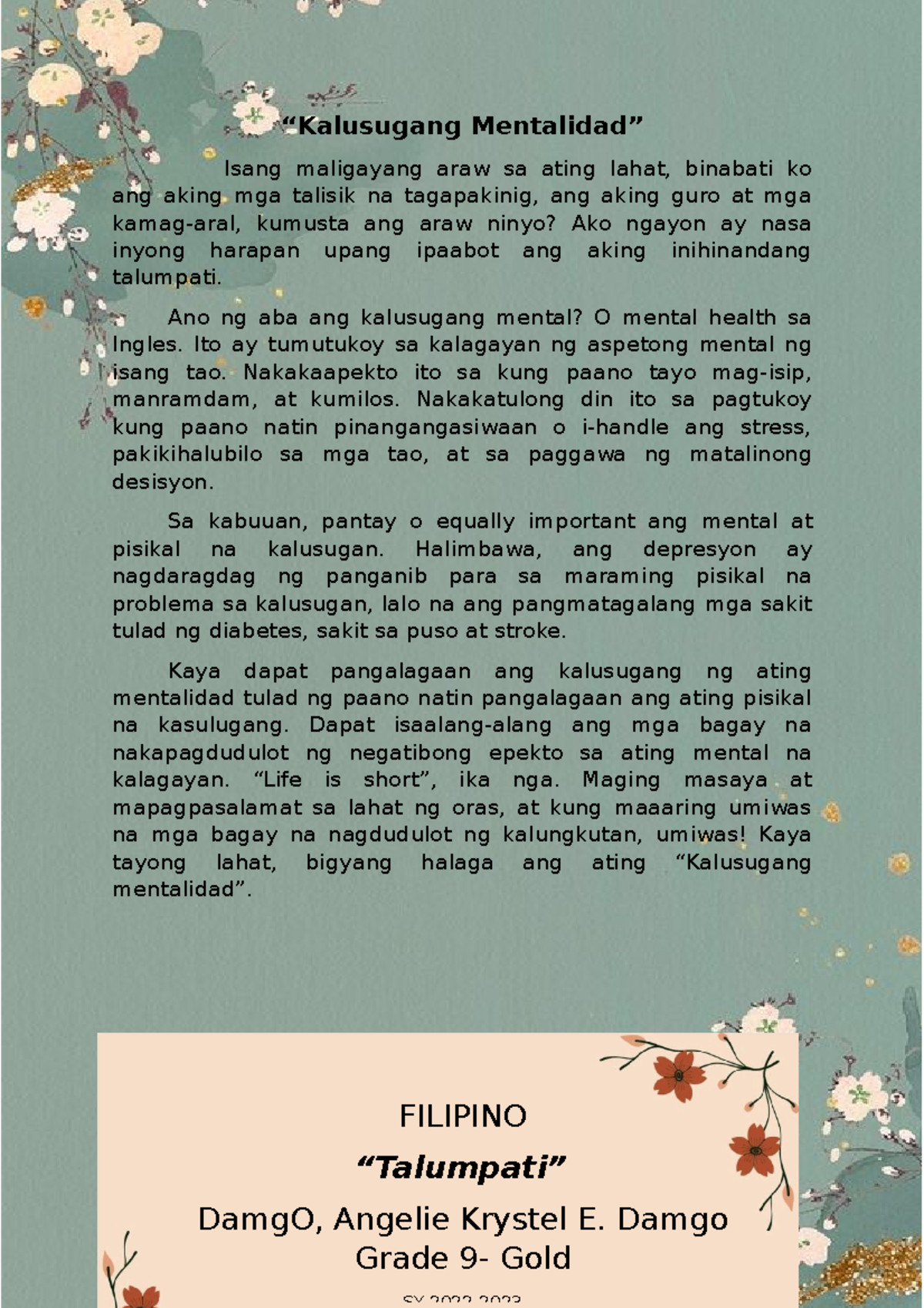 Kalusugang Mentalidad Talumapati - “Kalusugang Mentalidad” Isang ...