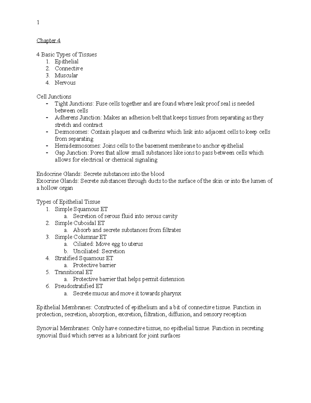 BIOL110 Exam 2 Study Guide - Chapter 4 4 Basic Types of Tissues 1 ...