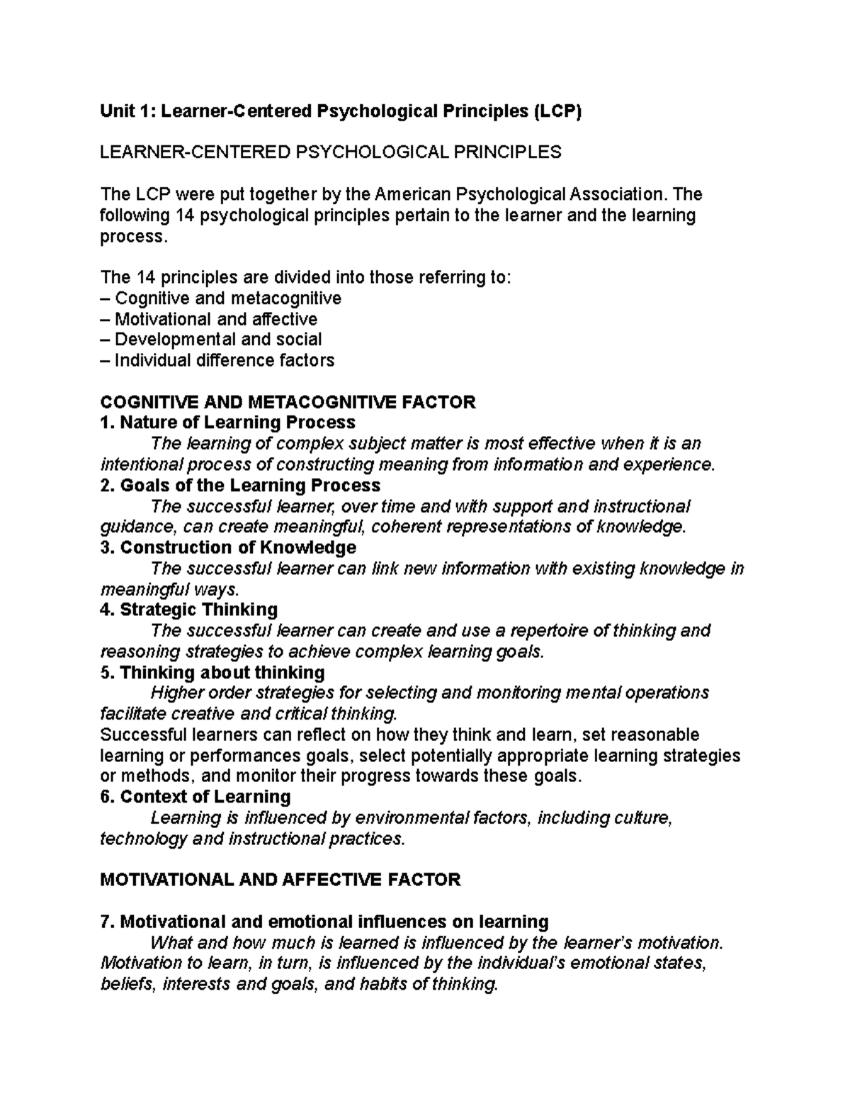 Unit-1-LCP - asdsad - Unit 1: Learner-Centered Psychological Principles (LCP) LEARNER-CENTERED ...