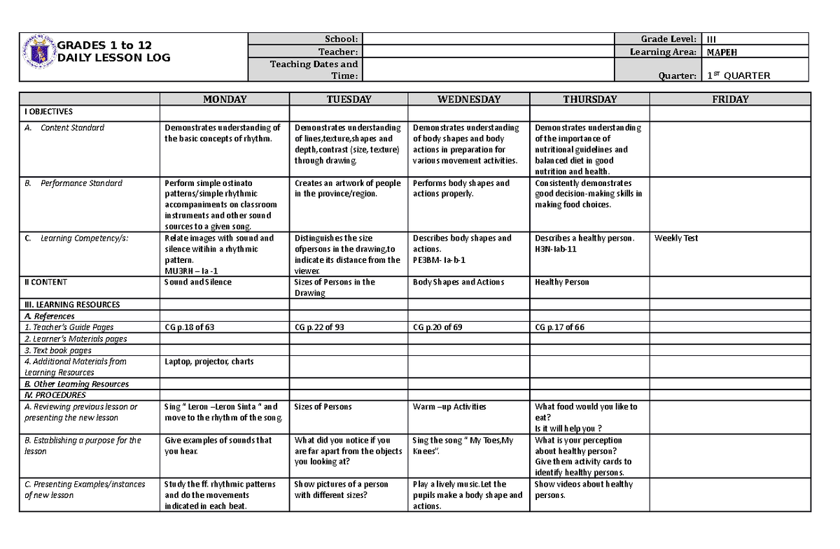 DLL Mapeh 3 Q1 W1 - GRADES 1 to 12 DAILY LESSON LOG School: Grade Level ...
