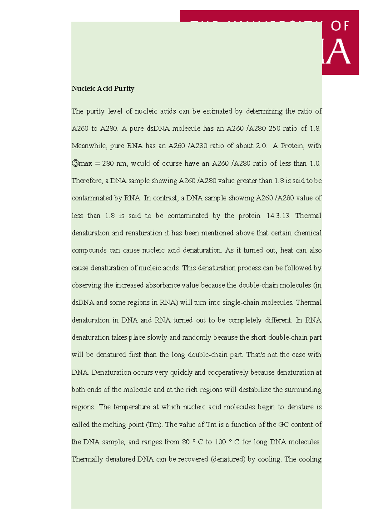 Documents Chemistry - Nucleic Acid Purity - Nucleic Acid Purity The ...