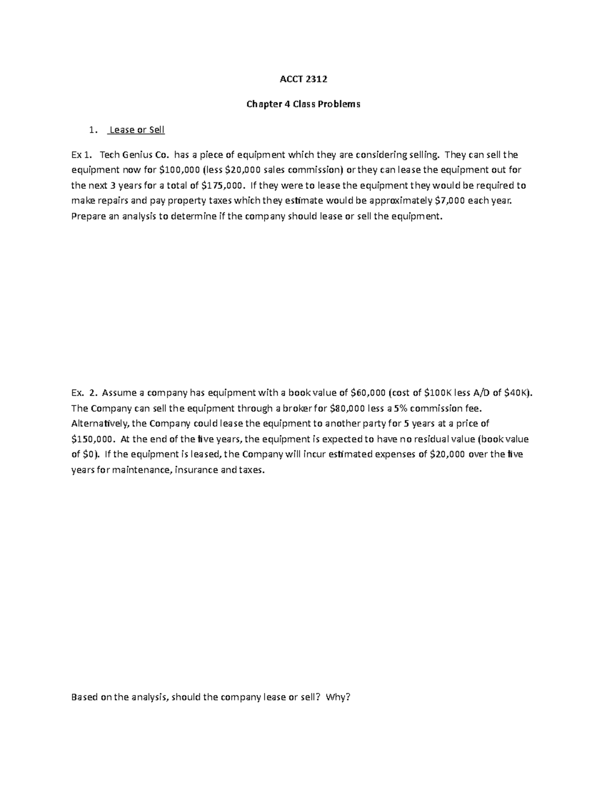 ACCT 2312 Chapter 4 Class Problems - Studocu