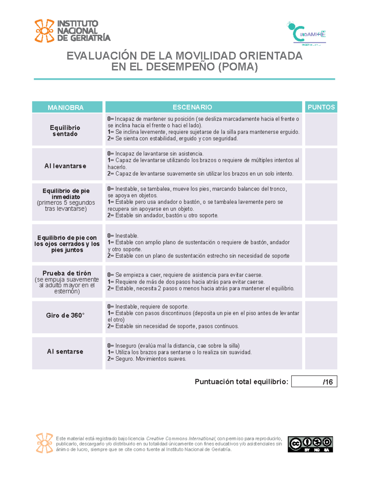 POMA - Escala de POMA - EVALUACIÓN DE LA MOVILIDAD ORIENTADA EN EL ...