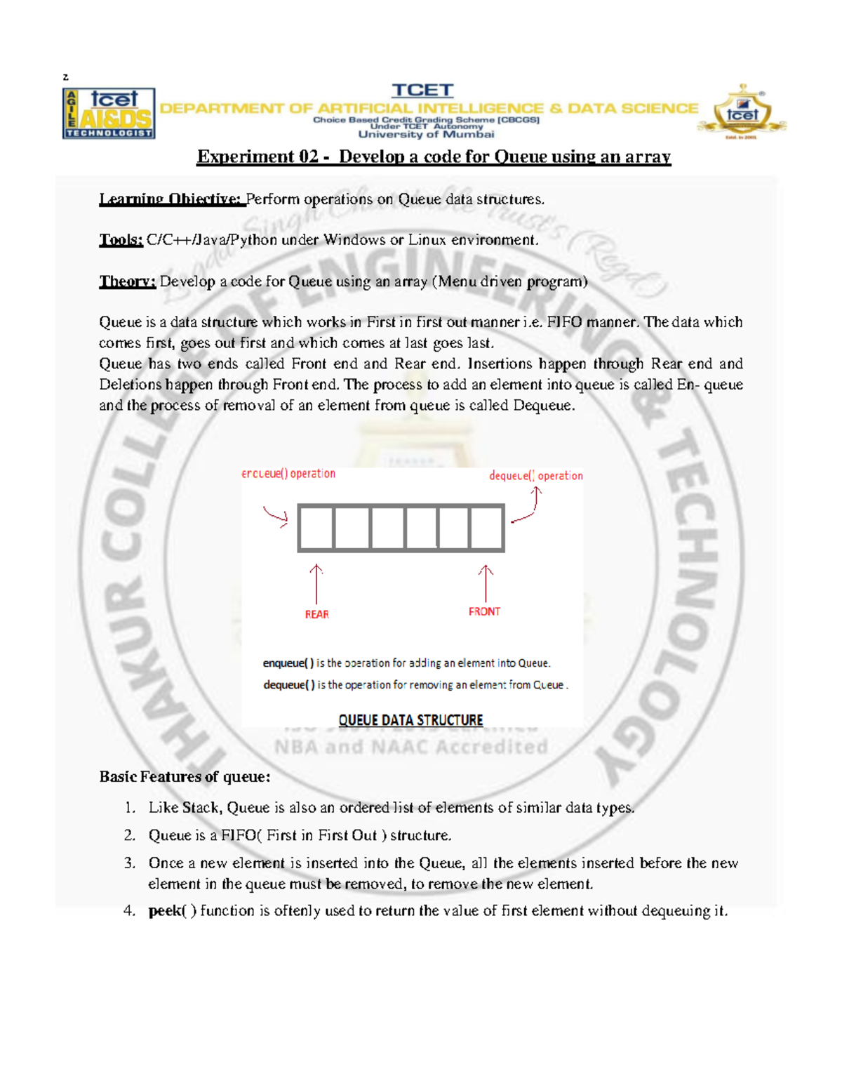 DS EXP 2 - Ds experiment - z Experiment 02 - Develop a code for Queue using an array Learning ...