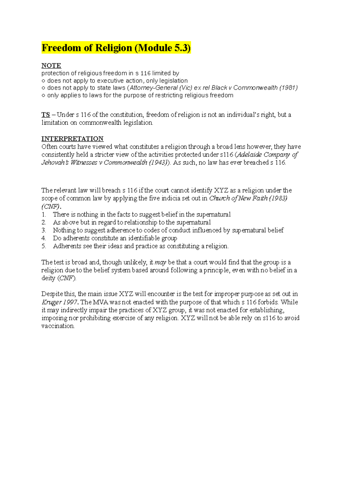 Freedom of religion summary notes - Freedom of Religion (Module 5) NOTE ...