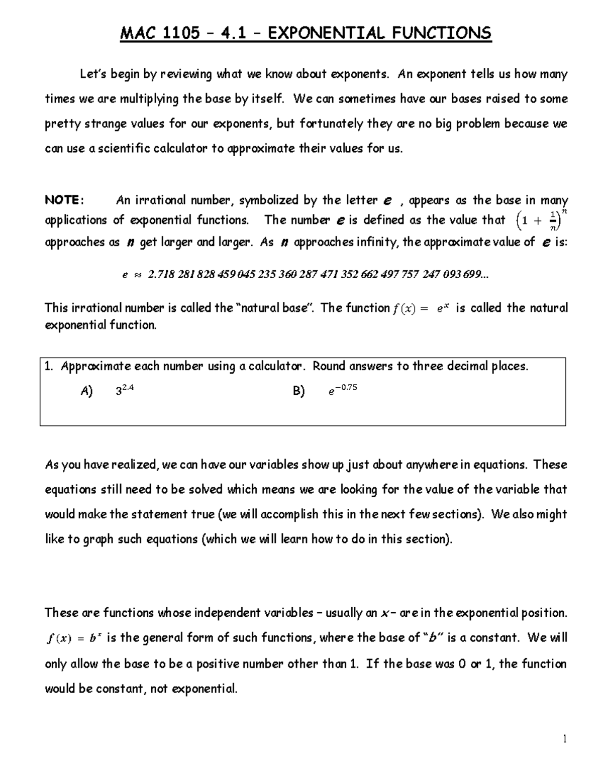 MAC 1105 - 4.1 Exponential Functions - MAC 1105 – 4 – EXPONENTIAL ...