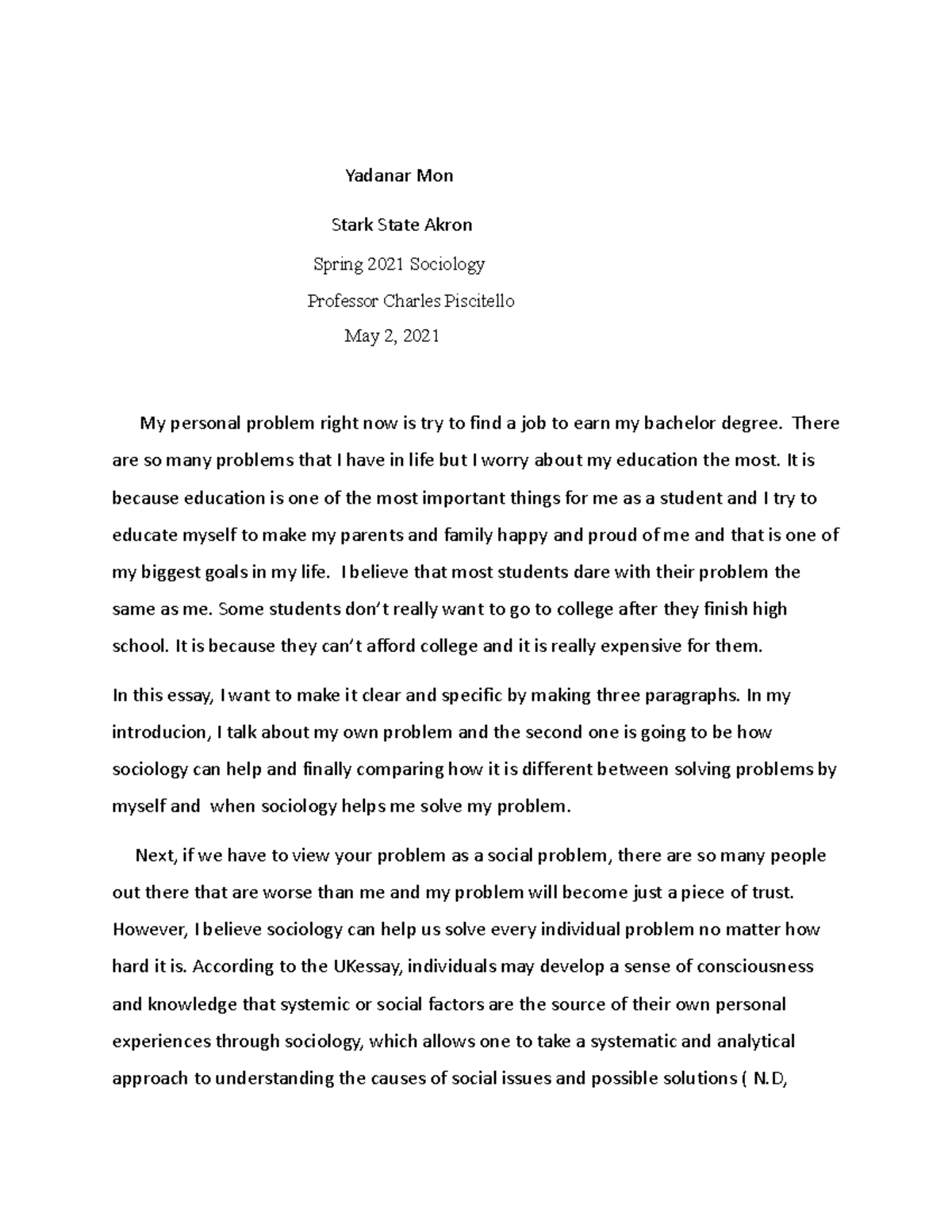 #final - Yadanar Mon Stark State Akron Spring 2021 Sociology Professor ...
