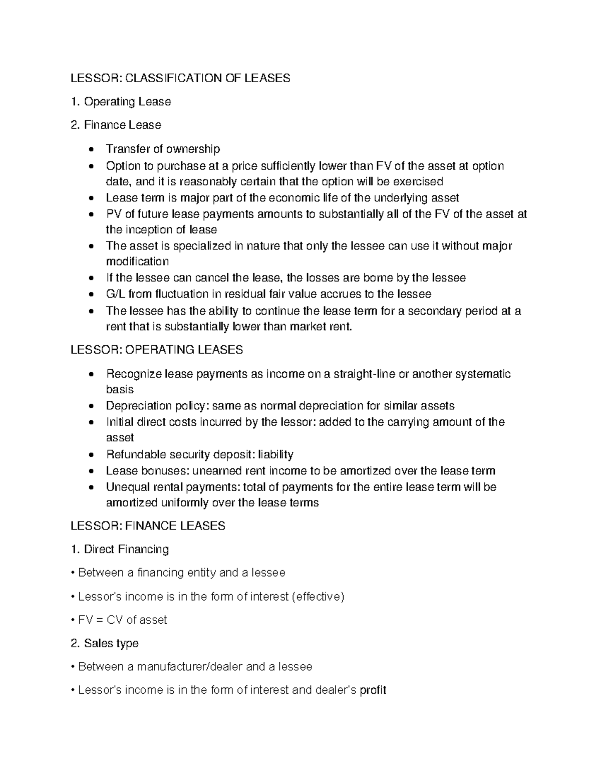 Lessor - LESSOR: CLASSIFICATION OF LEASES Operating Lease Finance Lease ...