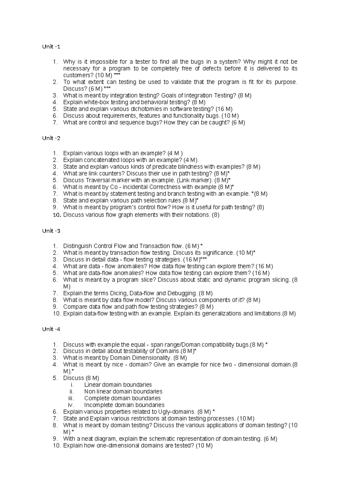 Unit 1-8 - question bank - Unit - 1. Why is it impossible for a tester ...