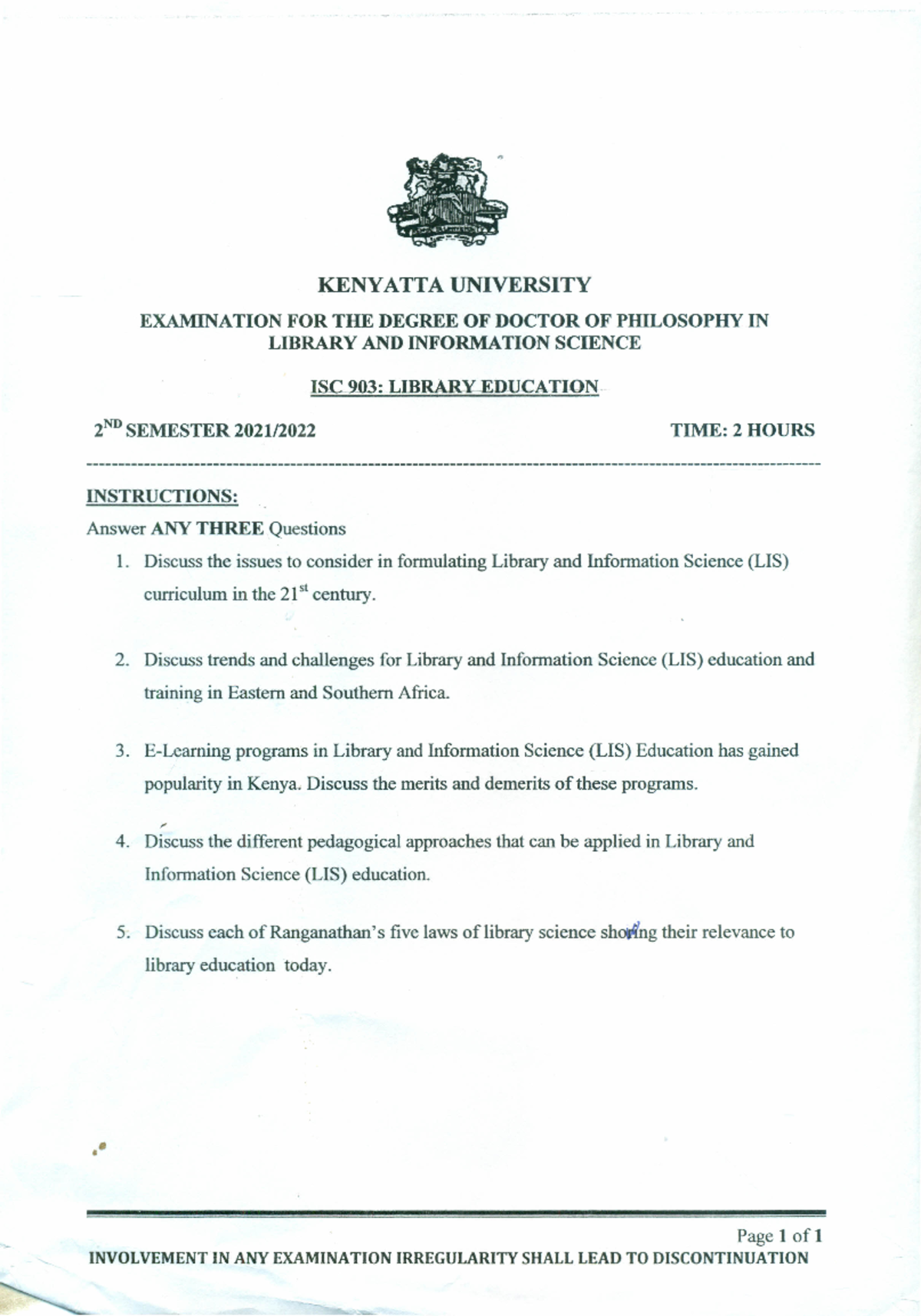 ISC 903Library - KENYATTA UNIVERSITY EXAMINATION FOR THE DEGREE OF ...