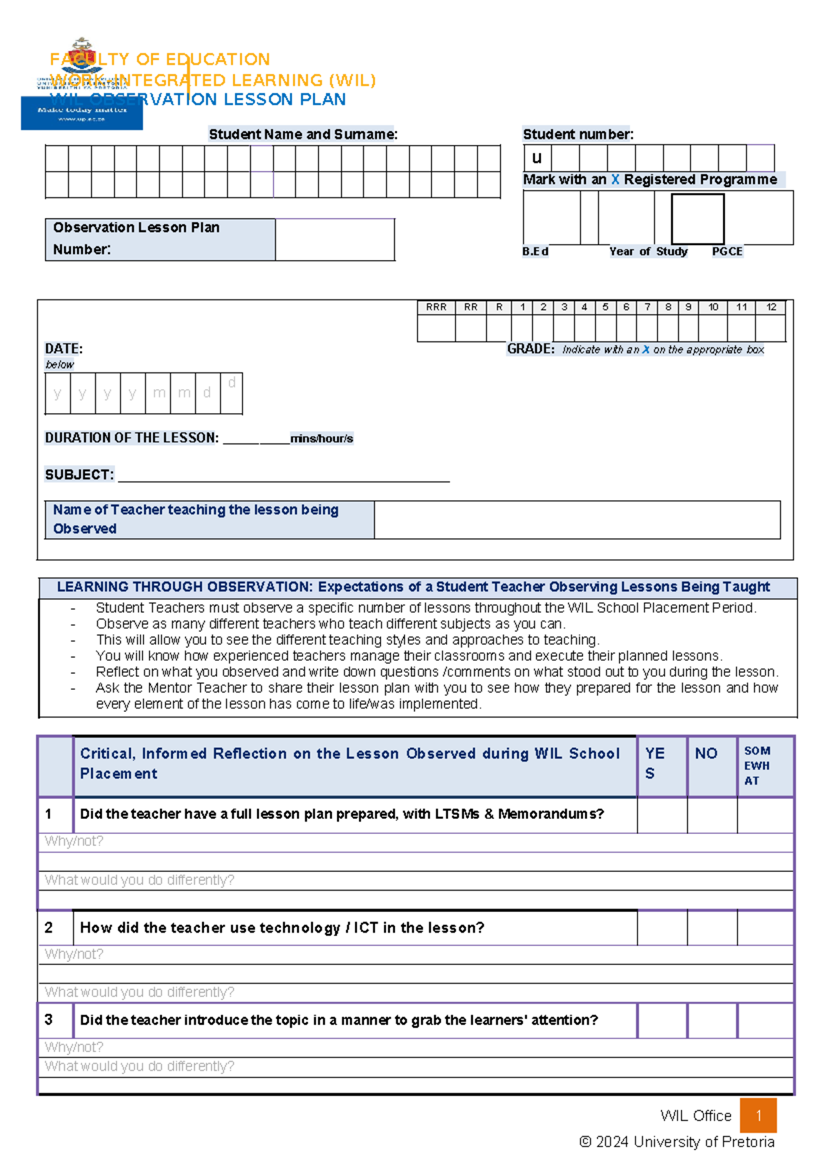 WIL Student Teacher Observation Lesson Plan Fill IN Template UP ...