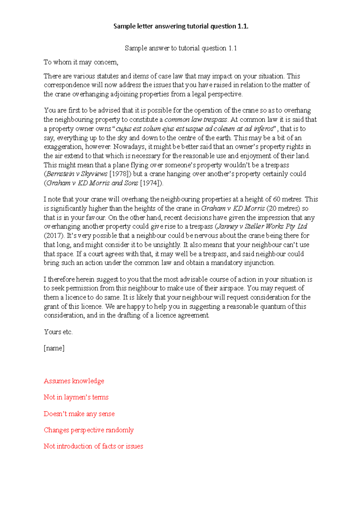 Letter answering 1 - Sample letter answering tutorial question 1 ...