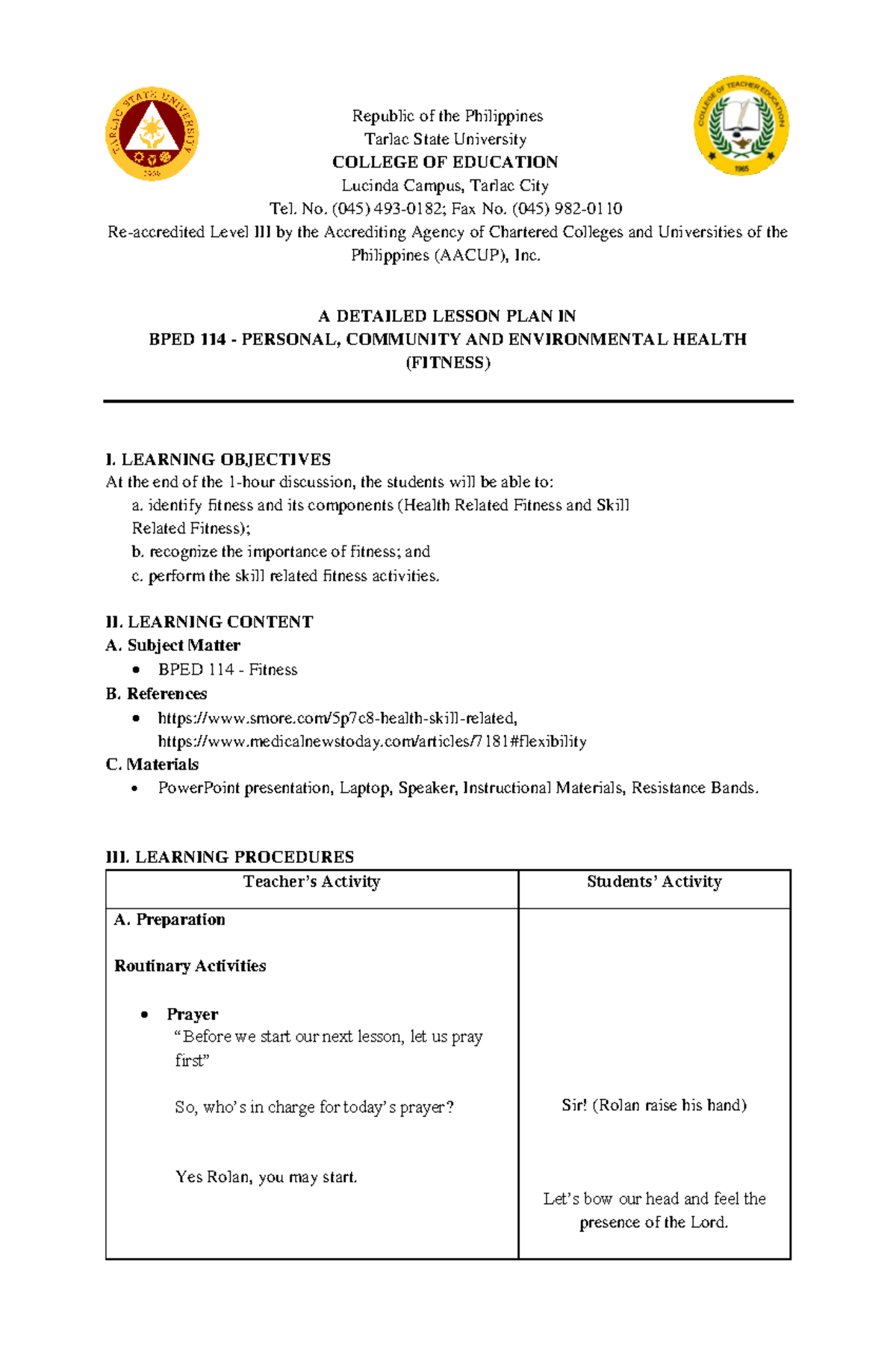 Fitness Lesson PLAN - Republic of the Philippines Tarlac State ...
