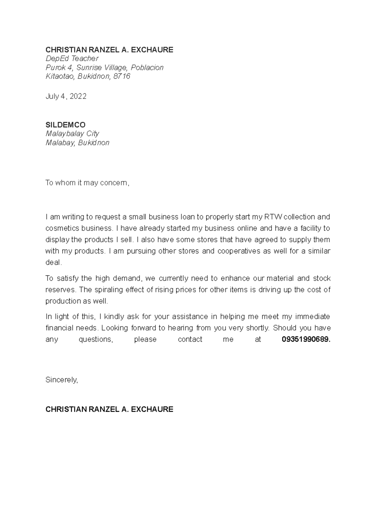 Business Loan Application Letter - CHRISTIAN RANZEL A. EXCHAURE DepEd ...