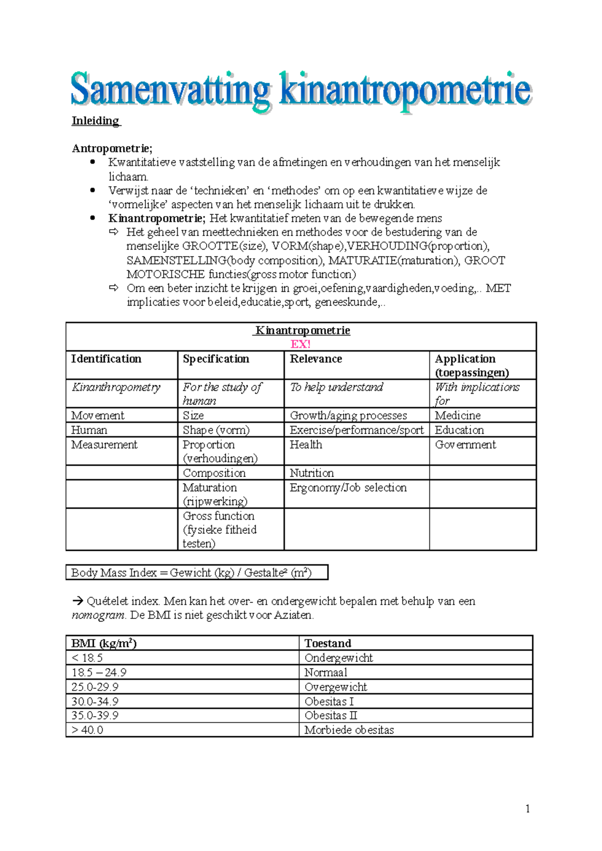 Samenvatting - compleet - Deel 1 - Inleiding Antropometrie ...