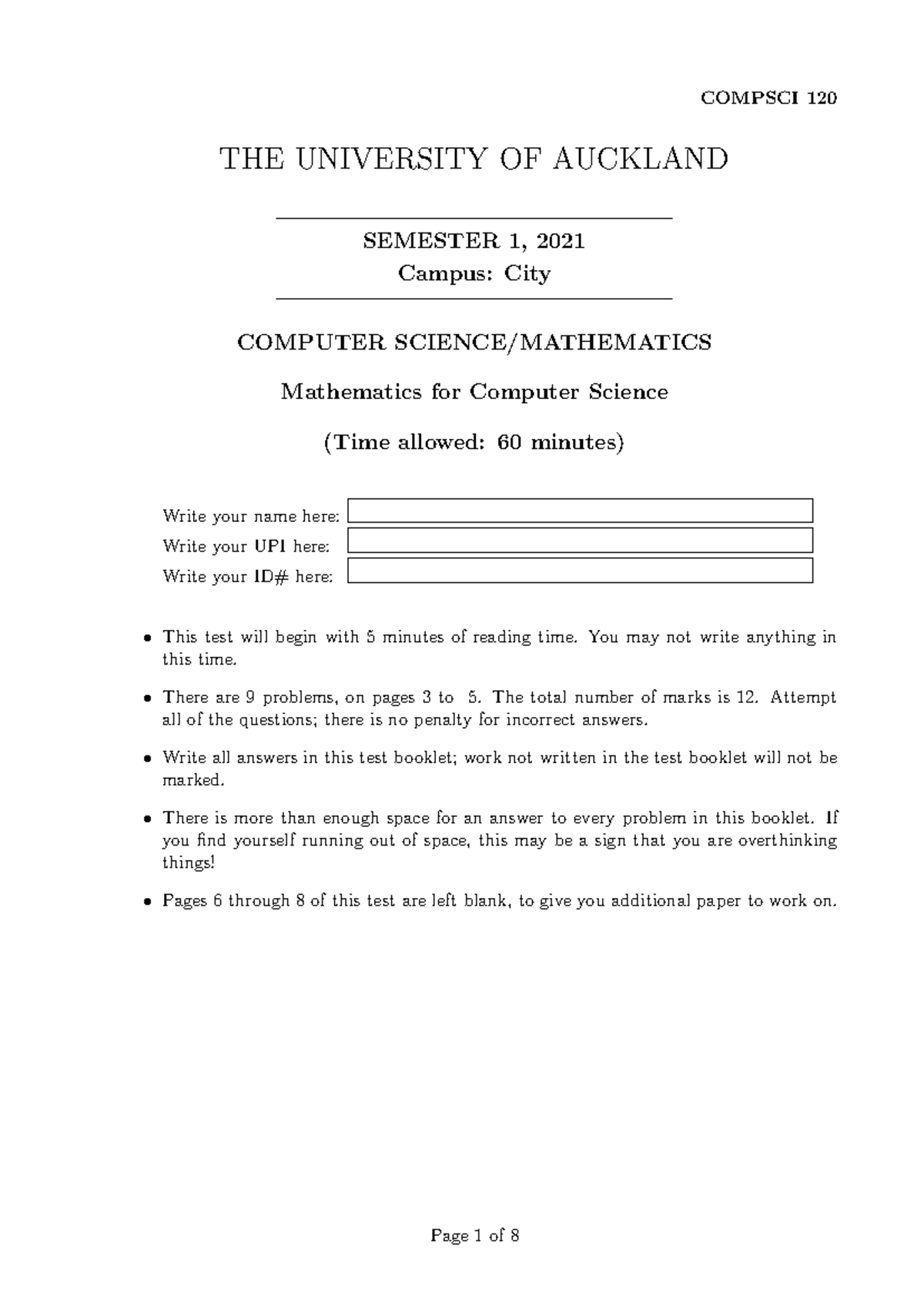 Compsci 120 2021 S1 Test Version 1 Solution The University Of Auckland Semester 1 2021 Campus
