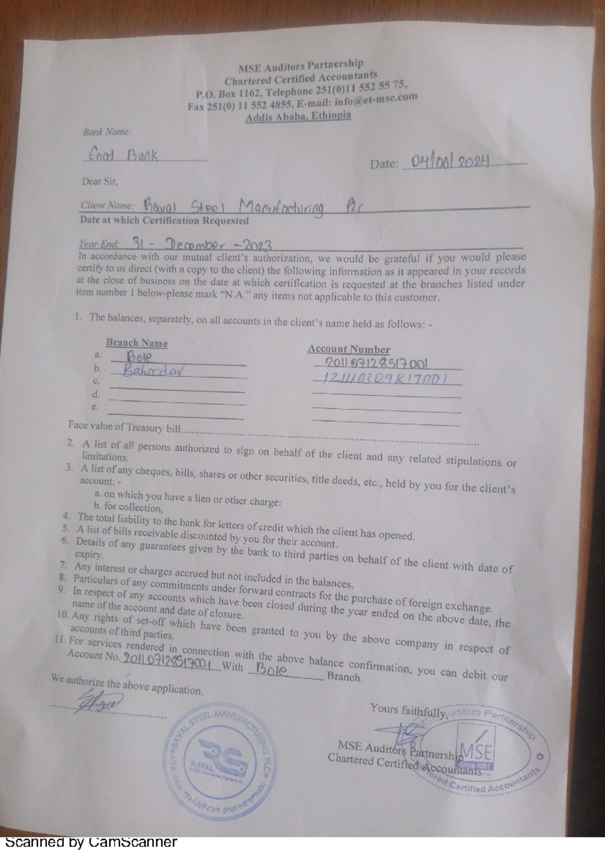 Enat Bank Audit confirmation Request - Financial accounting 1 - Scanned ...