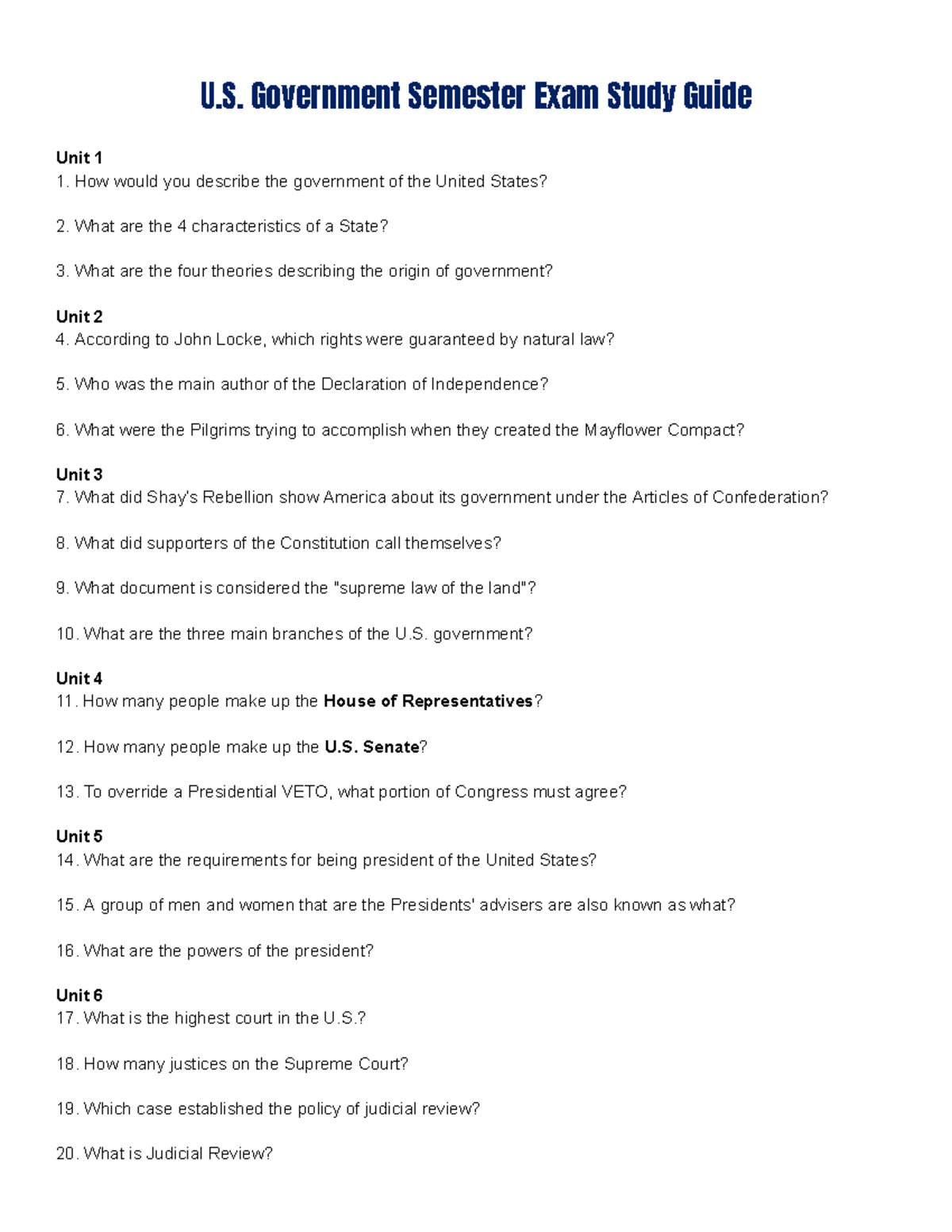 U.S. Govt. Final Study Guide - U. Government Semester Exam Study Guide ...