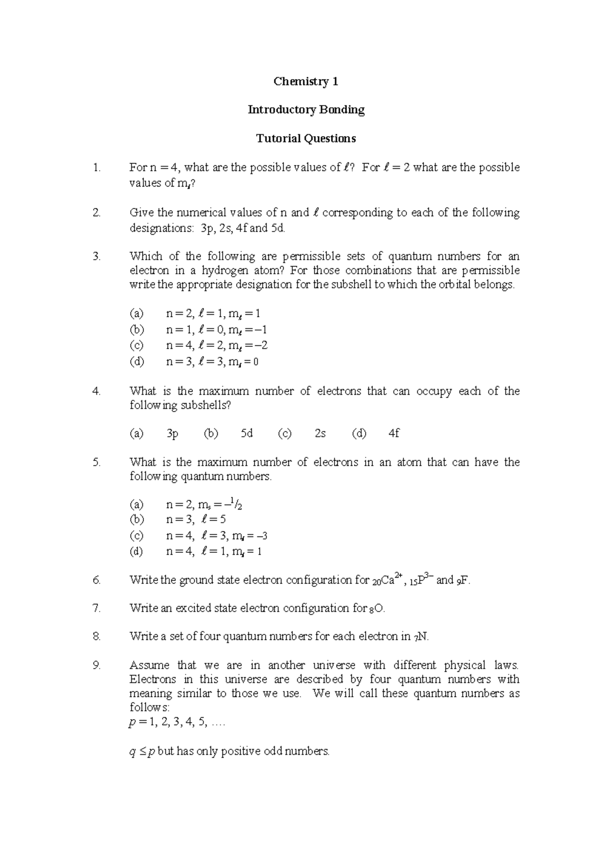 2019 Bonding tutorial questions - Chemistry 1 Introductory Bonding ...