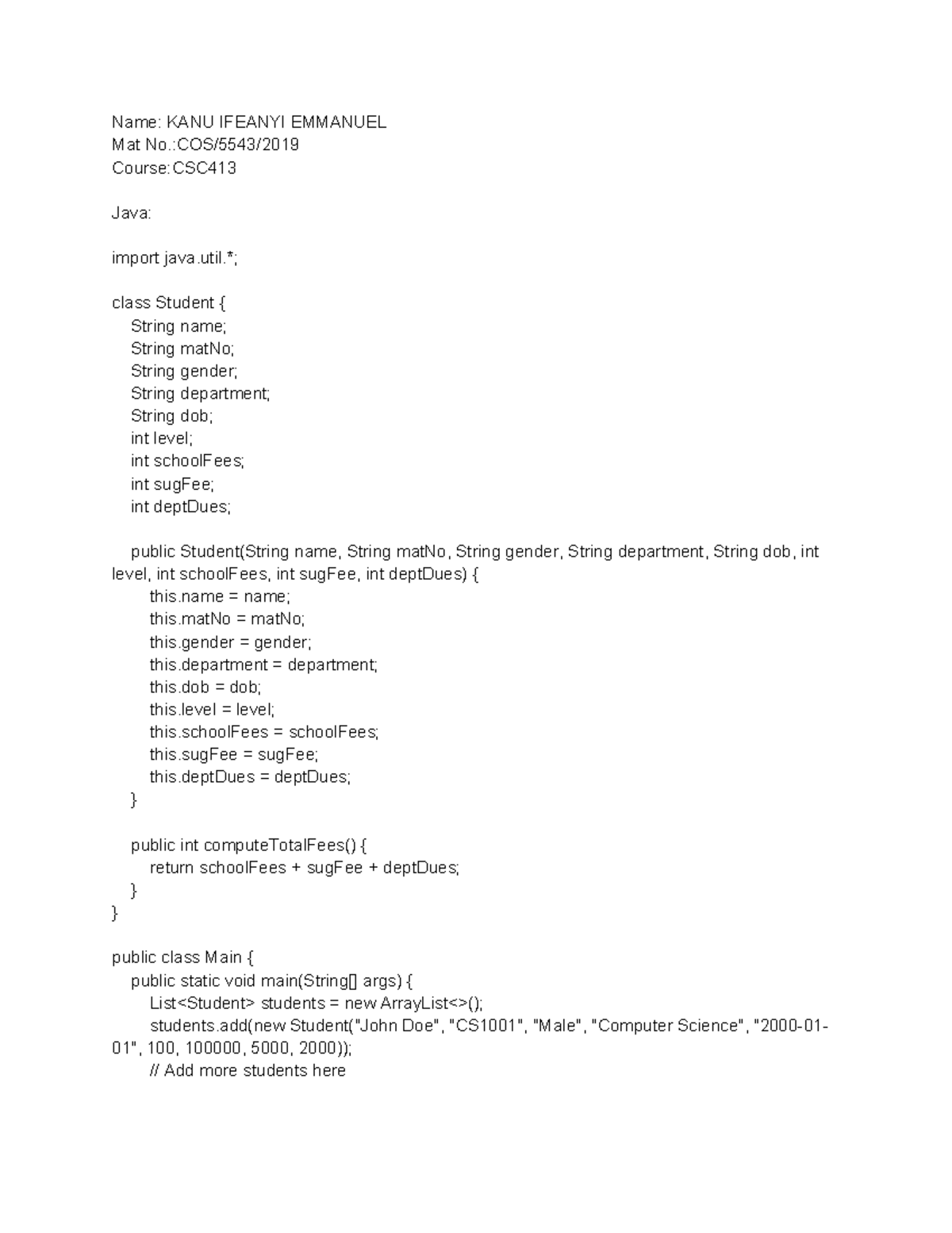 KANU - lecture notes - Name: KANU IFEANYI EMMANUEL Mat No.:COS/5543 ...