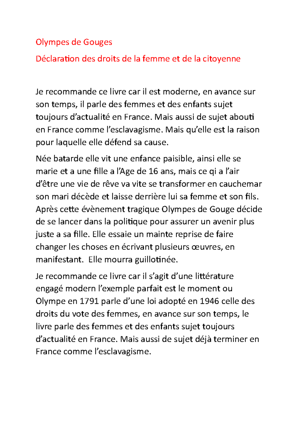 Olympes de Gouges - Olympes de Gouges Déclaration des droits de la ...