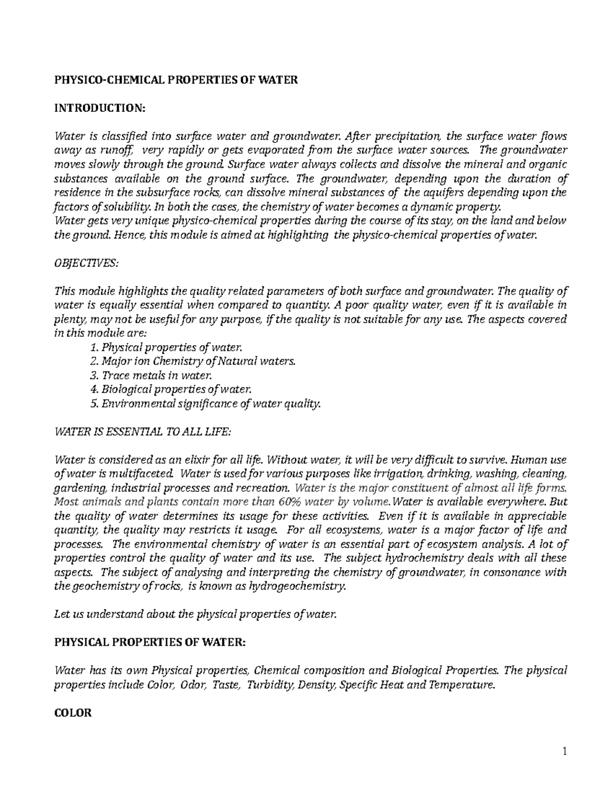 Physico-Chemical Properties of Water - PHYSICO-CHEMICAL PROPERTIES OF ...