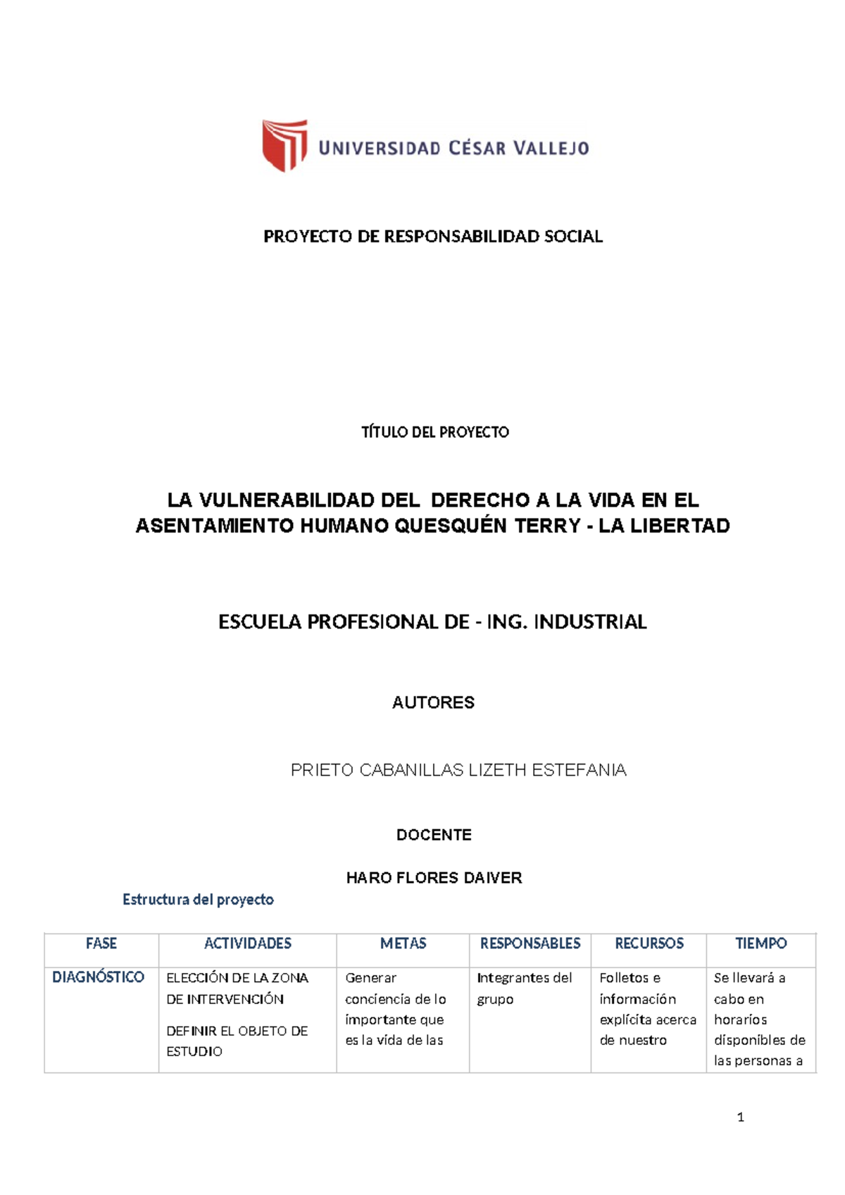 Proyecto DE Responsabilidad Social - PROYECTO DE RESPONSABILIDAD SOCIAL TÍTULO DEL PROYECTO LA ...